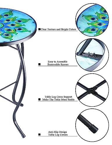 VCUTEKA Patio Side Table Outdoor Coffee Table Mosaic Accent Table Round Small End Table Bistro for Living Room Porch Balcony Backyard Garden Peacock Feather