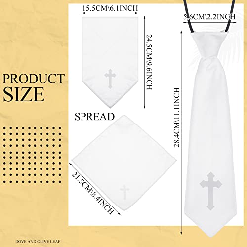 5 Pieces Boys First Holy Communion Accessories Boys Communion Set Including 1 White Tie 1 Folded Handkerchief Embroidered with the Cross 1 Cross Pin 1 Pearl Rosary 1 Cross Candle for Baptism