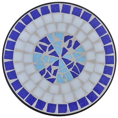 YAFF Mosaic Side Table Plant Table, Round End Table for Patio Porch Indoor Outdoor Accent Table, Small Coffee Table for Garden Porch Living Room Balcony Deck Porch Pool Blue White