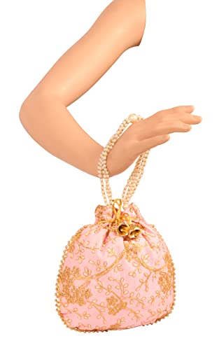 INDTRESOR beaded hand embroidered evening purse handbag vintage party wedding gift for women. Light Pink gold pearl