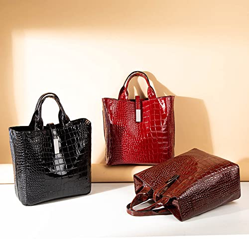 ZiMing Women Handbags and Purses Set Glossy Crocodile Pattern Leather Tote Bags Cross-body Bag Satchel Handbag Wallet Wristlets Bag 3 Pcs -Brown