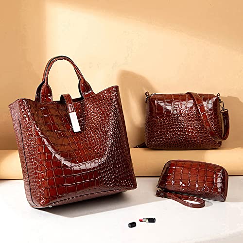 ZiMing Women Handbags and Purses Set Glossy Crocodile Pattern Leather Tote Bags Cross-body Bag Satchel Handbag Wallet Wristlets Bag 3 Pcs -Brown