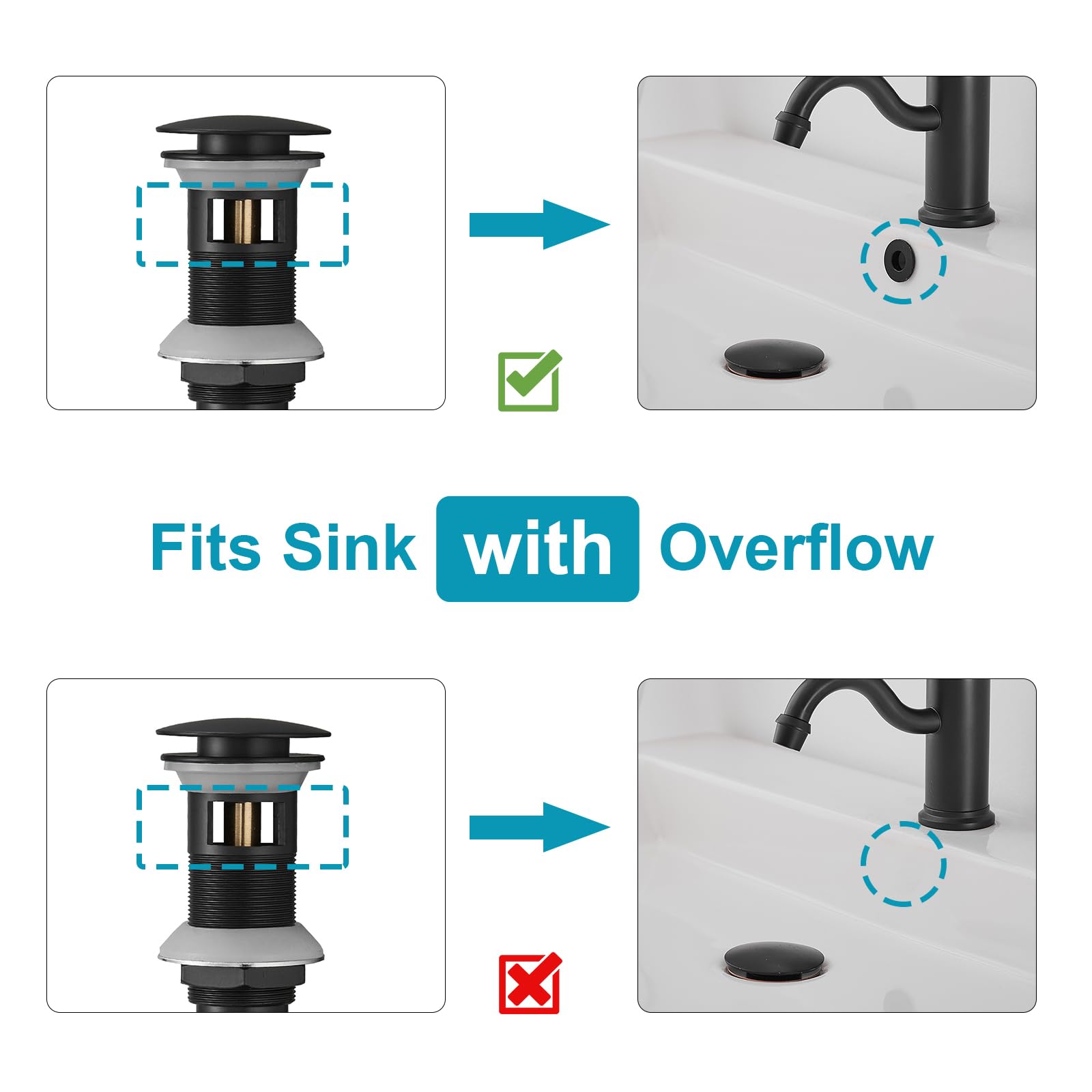 Homevacious 1 5/8" Bathroom Faucet Vessel Vanity Sink Pop Up Drain Assembly Stopper Fits Bathroom Standard Sink Hole 1-1/2" to 1-3/4" Matte Black Plug with Overflow Push & Seal