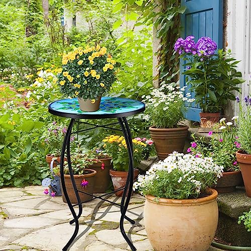 VCUTEKA Patio Side Table Outdoor Coffee Table Mosaic Accent Table Round Small End Table Bistro for Living Room Porch Balcony Backyard Garden Peacock Feather