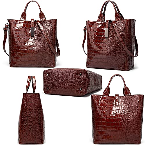 ZiMing Women Handbags and Purses Set Glossy Crocodile Pattern Leather Tote Bags Cross-body Bag Satchel Handbag Wallet Wristlets Bag 3 Pcs -Brown