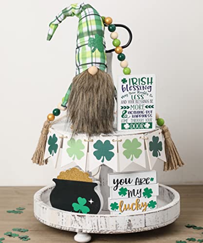 St. Patrick's Day Tiered Tray Decor Set 6, Shamrock Pot of Gold Wood Sign, Irish Lucky Theme Table Centerpiece Decoration Sign for Home Party Décor