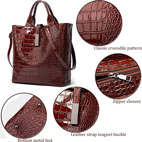 ZiMing Women Handbags and Purses Set Glossy Crocodile Pattern Leather Tote Bags Cross-body Bag Satchel Handbag Wallet Wristlets Bag 3 Pcs -Brown