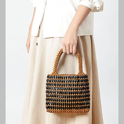 Sushinejing Tote Bag for Women Small Handmade Tote Purse Wood Beaded Retro Handbag (White)