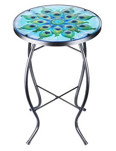 VCUTEKA Patio Side Table Outdoor Coffee Table Mosaic Accent Table Round Small End Table Bistro for Living Room Porch Balcony Backyard Garden Peacock Feather