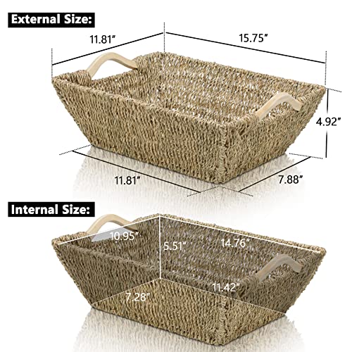 Graciadeco Hand Woven Seagrass Baskets with Wooden Handles Large Natural Shallow Wicker Storage Basket for Organizing Irregular Rectangle, 2 Pack