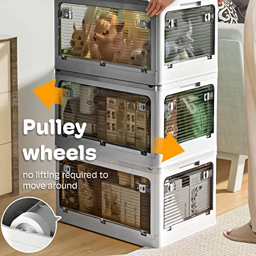 WYZworks Foldable Storage Box Tote w/Wheels Moving Friendly Transparent 5 Door 30L Stackable for Clothing, Shoe Closet, Snack Pantry, Garage, Dorm Quick Collapsible Organizing Toy Bin With Lid White