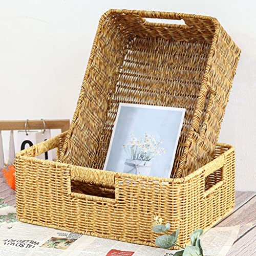 OUNONA Wicker Baskets for Shelves Toilet Paper Basket Rectangular Rattan Baskets with Built-in Handles Hand-woven Water Hyacinth Storage Baskets - Khaki