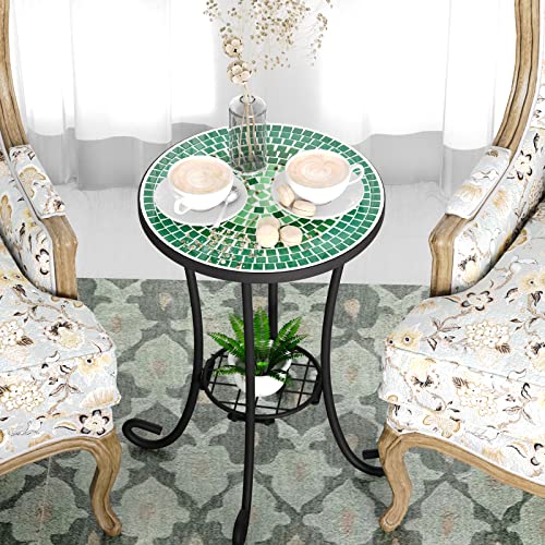 FROMJBEST Mosaic Outdoor Side Table, Patio Side Table, Weather Resistant 14" Diameter 21" H Ceramic Tile Round Outside Table for Patio, Porch, Garden, Pool, Indoor&Outdoor,Plant Stand (Vortex)