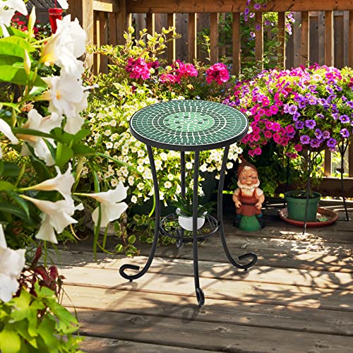 FROMJBEST Mosaic Outdoor Side Table, Patio Side Table, Weather Resistant 14" Diameter 21" H Ceramic Tile Round Outside Table for Patio, Porch, Garden, Pool, Indoor&Outdoor,Plant Stand (Vortex)