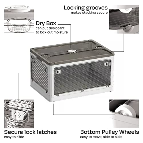 WYZworks Foldable Storage Box Tote w/Wheels Moving Friendly Transparent 5 Door 30L Stackable for Clothing, Shoe Closet, Snack Pantry, Garage, Dorm Quick Collapsible Organizing Toy Bin With Lid White