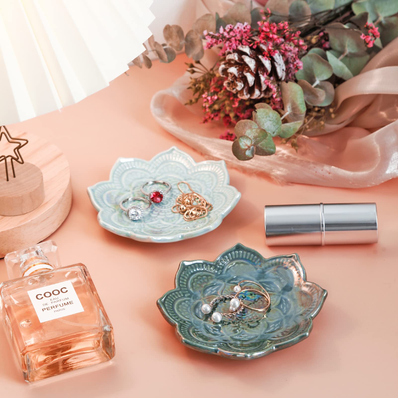 PUDDING CABIN Boho Ring Dish Small Jewelry Dish Ceramic Trinket Tray Crystal Holder 2 Set of Boho Decor, Wedding Bridal Shower Gifts for Bridesmaids Bride