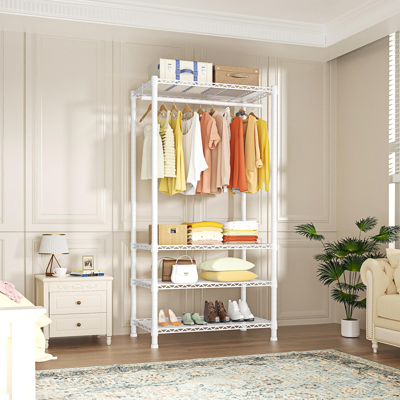 Ulif H2 Heavy-Duty Portable Closets, 4-Tier Freestanding Garment Rack Suit for Small Space and Corner, Closet Organizer System Portable Closet Wardrobe, Max Load 500 LBS, White