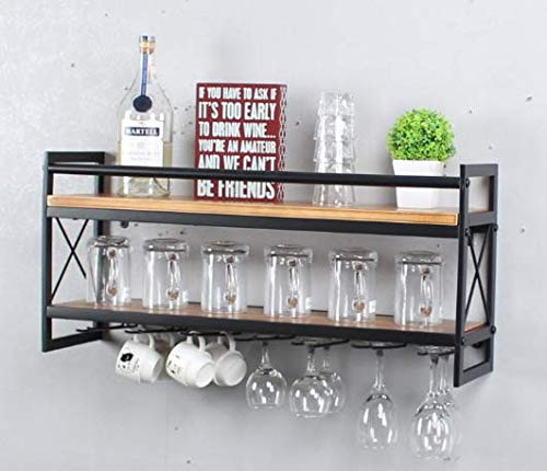 OISSIO Industrial Stemware Rack,Wine Rack Wall Mounted with Wood Shelves,2 Tier Stemware Storage with 7 Stem Glass Holder for Wine Glasses,Mugs,Home Decor,Black(30 inch)