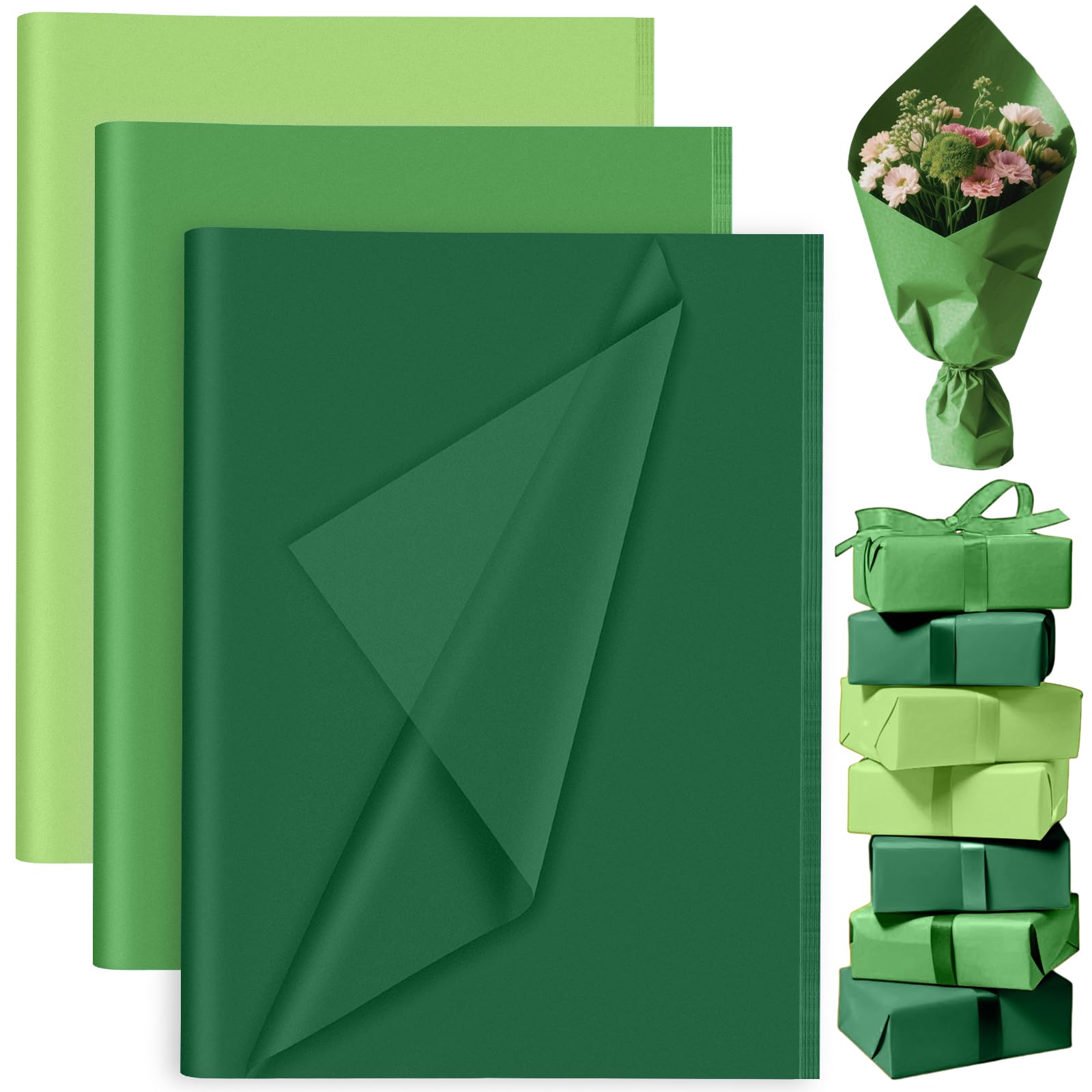 PLULON 60 Sheets Saint Patrick's Day Green Tissue Paper, Gift Wrapping Paper for DIY Gift Wrapping Birthday Wedding Holiday Paper Flower(Green)