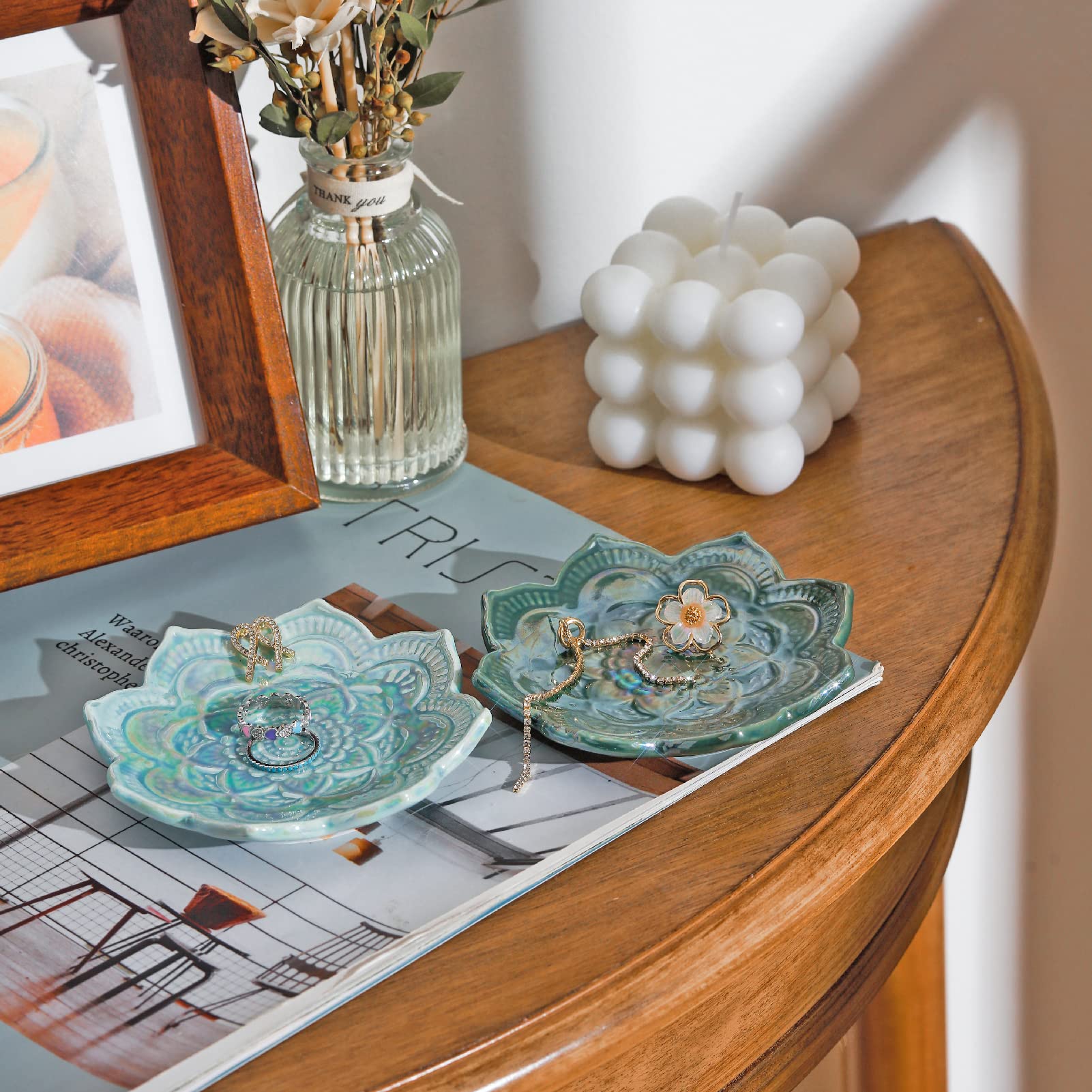 PUDDING CABIN Boho Ring Dish Small Jewelry Dish Ceramic Trinket Tray Crystal Holder 2 Set of Boho Decor, Wedding Bridal Shower Gifts for Bridesmaids Bride