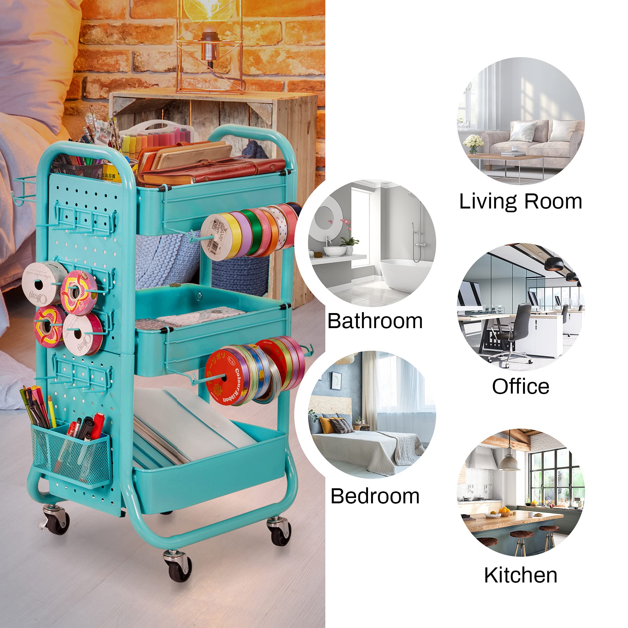 DESIGNA Heavy Duty 3-Tier Metal Rolling Cart,Utility Storage Cart With DIY Pegboard,Craft Art Carts Trolley Organizer with Handle and Extra Office Storage Accessories for Kitchen Office Home,Turquoise
