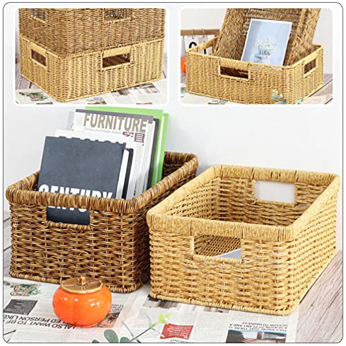 OUNONA Wicker Baskets for Shelves Toilet Paper Basket Rectangular Rattan Baskets with Built-in Handles Hand-woven Water Hyacinth Storage Baskets - Khaki
