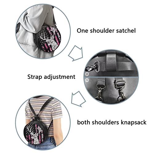 Tisuoting Pink American Flag Deer Hunting Camo PU Leather Backpack Small Cross Body Shoulder Purse with Adjustable Strap Casual Bookbag Daypack