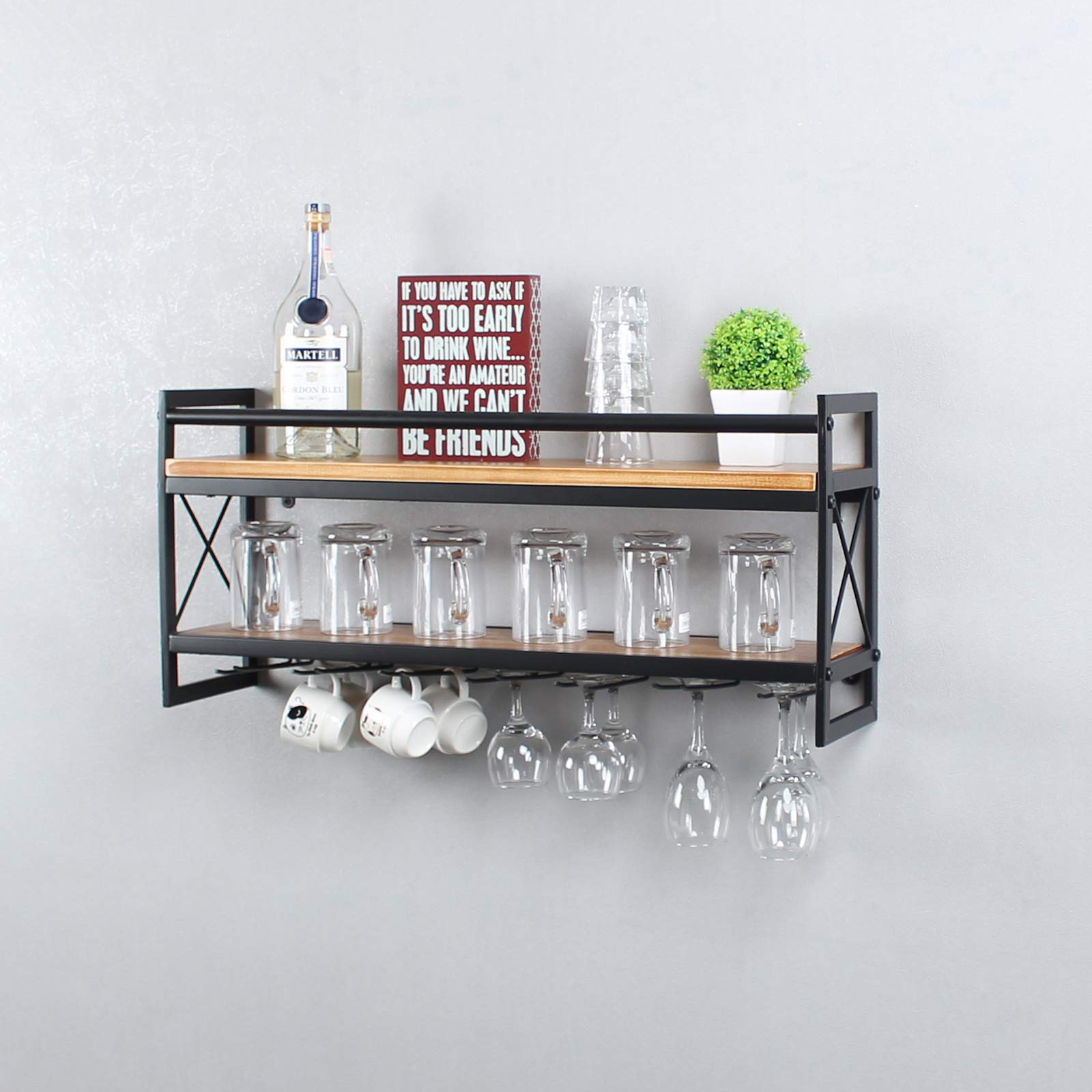 OISSIO Industrial Stemware Rack,Wine Rack Wall Mounted with Wood Shelves,2 Tier Stemware Storage with 7 Stem Glass Holder for Wine Glasses,Mugs,Home Decor,Black(30 inch)