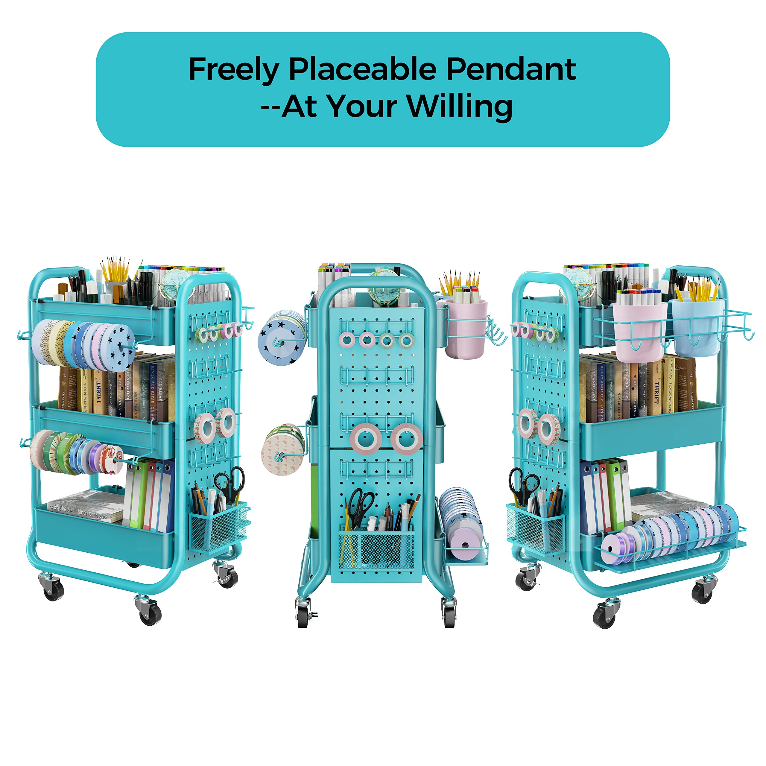DESIGNA Heavy Duty 3-Tier Metal Rolling Cart,Utility Storage Cart With DIY Pegboard,Craft Art Carts Trolley Organizer with Handle and Extra Office Storage Accessories for Kitchen Office Home,Turquoise