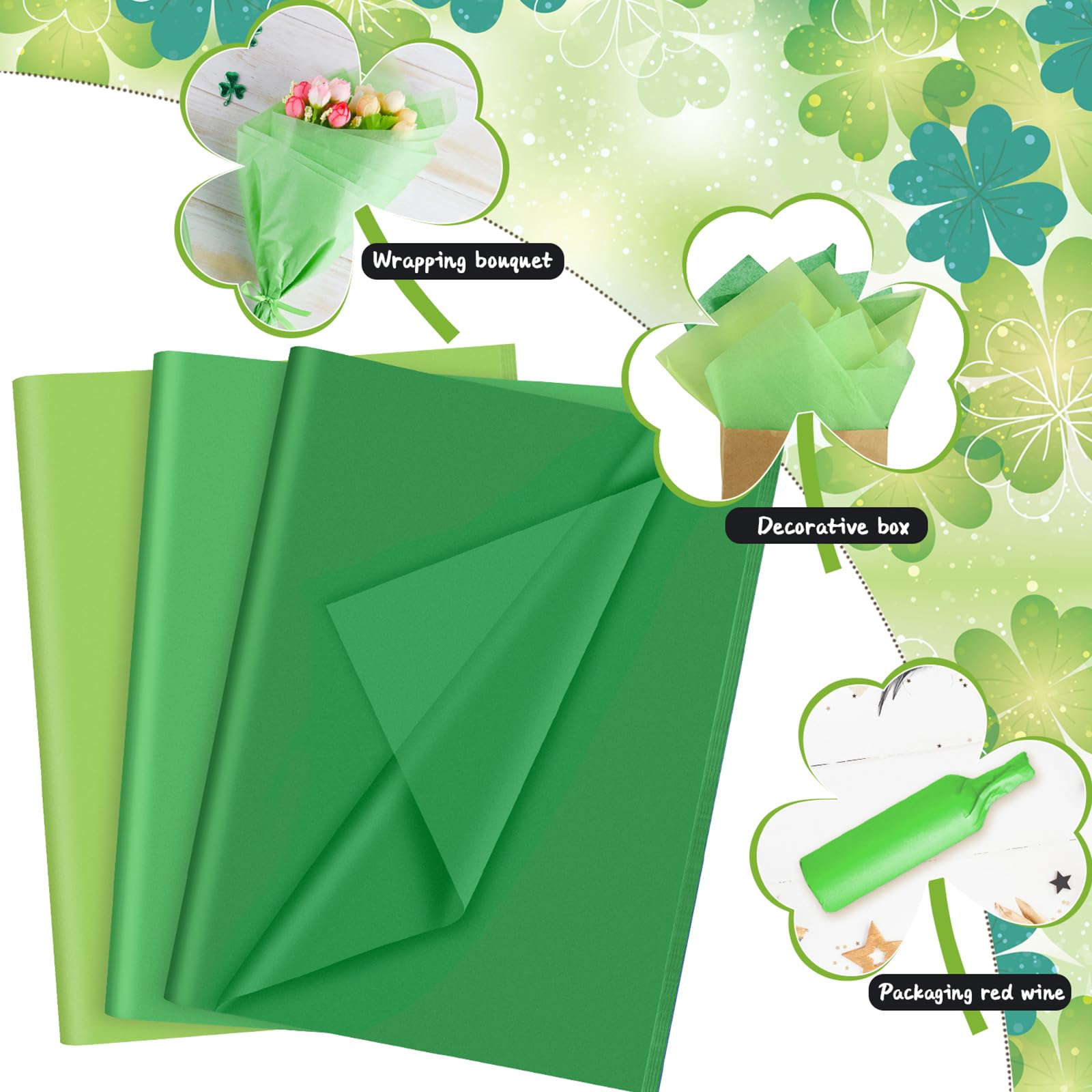 PLULON 60 Sheets Saint Patrick's Day Green Tissue Paper, Gift Wrapping Paper for DIY Gift Wrapping Birthday Wedding Holiday Paper Flower(Green)