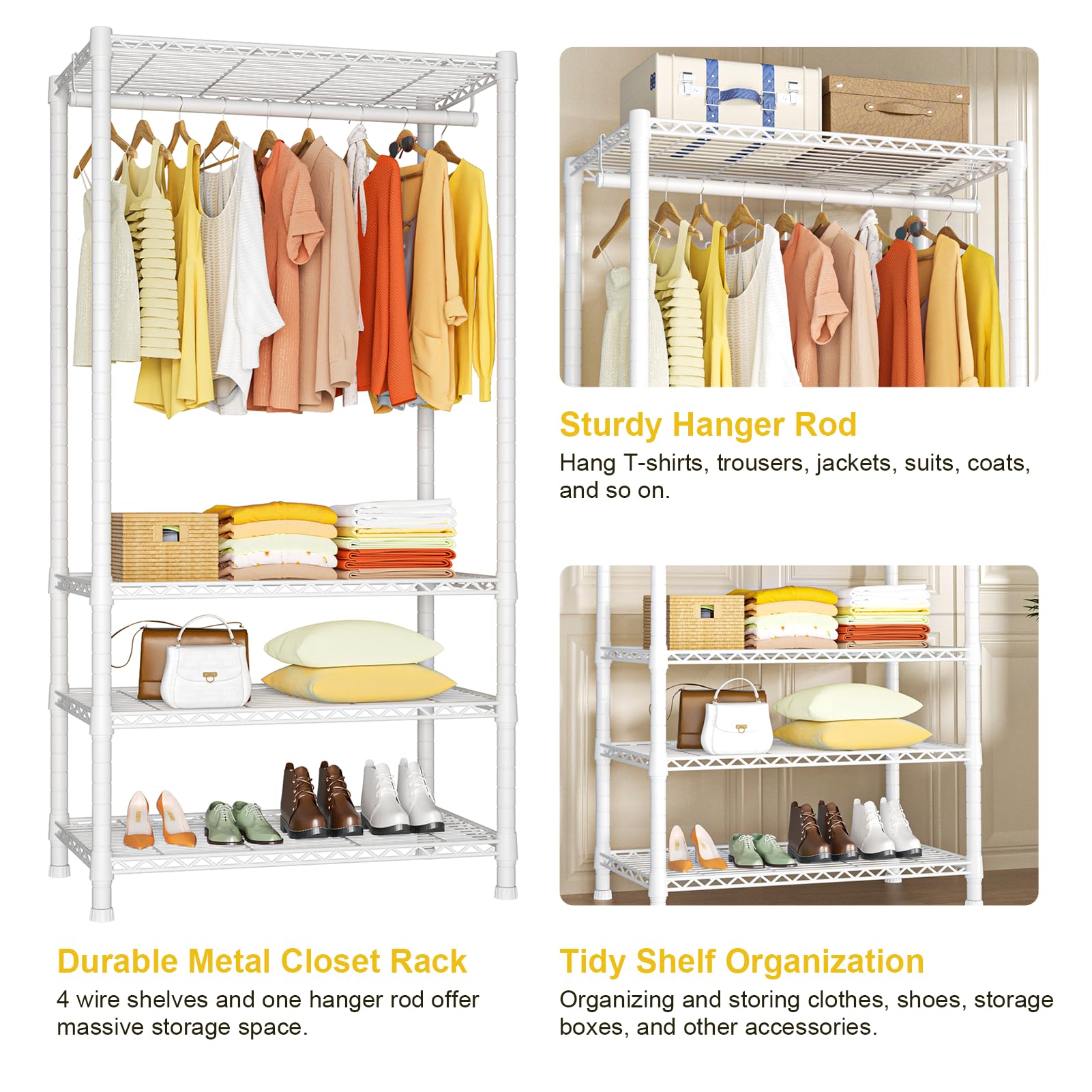 Ulif H2 Heavy-Duty Portable Closets, 4-Tier Freestanding Garment Rack Suit for Small Space and Corner, Closet Organizer System Portable Closet Wardrobe, Max Load 500 LBS, White