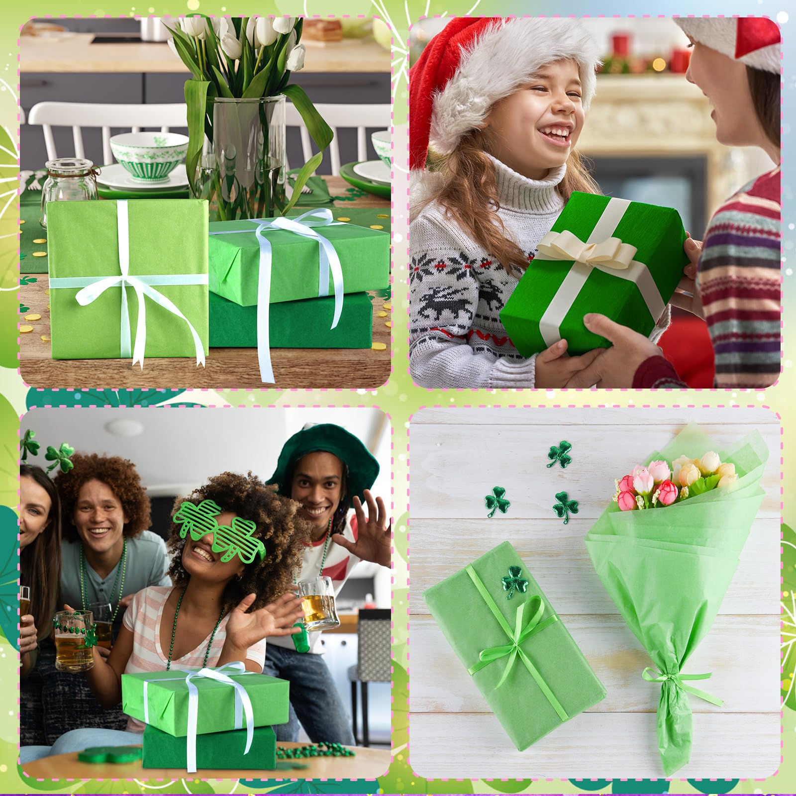 PLULON 60 Sheets Saint Patrick's Day Green Tissue Paper, Gift Wrapping Paper for DIY Gift Wrapping Birthday Wedding Holiday Paper Flower(Green)