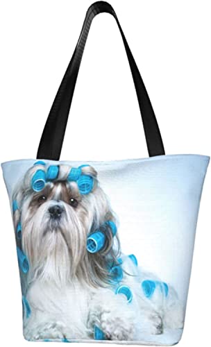 Shih Fur Tzu Dog Curlers Haired Women's Shoulder Handbag Gym Tote Bag Storage Handle Bag