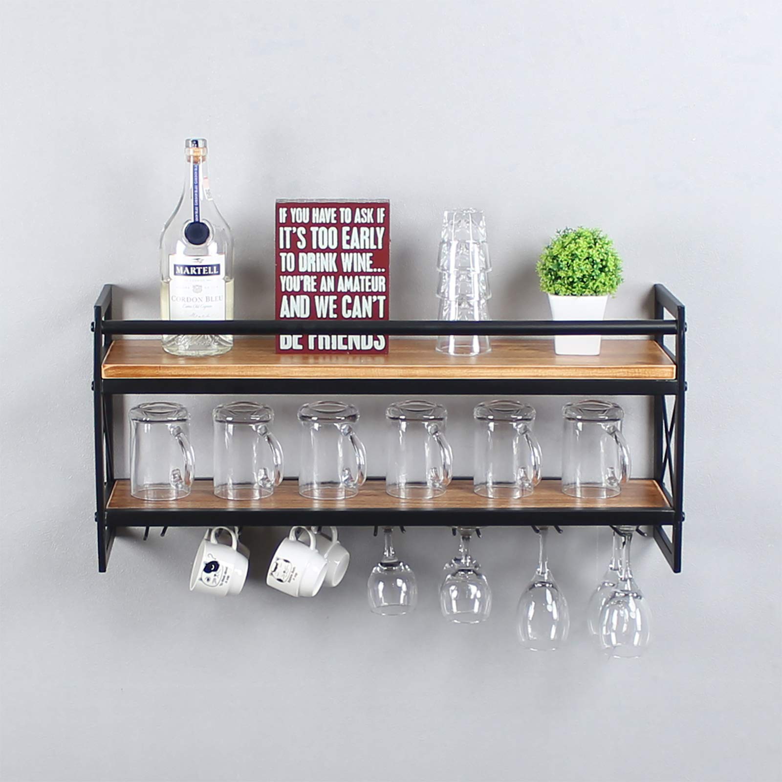 OISSIO Industrial Stemware Rack,Wine Rack Wall Mounted with Wood Shelves,2 Tier Stemware Storage with 7 Stem Glass Holder for Wine Glasses,Mugs,Home Decor,Black(30 inch)