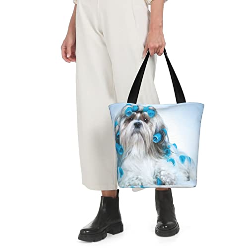 Shih Fur Tzu Dog Curlers Haired Women's Shoulder Handbag Gym Tote Bag Storage Handle Bag