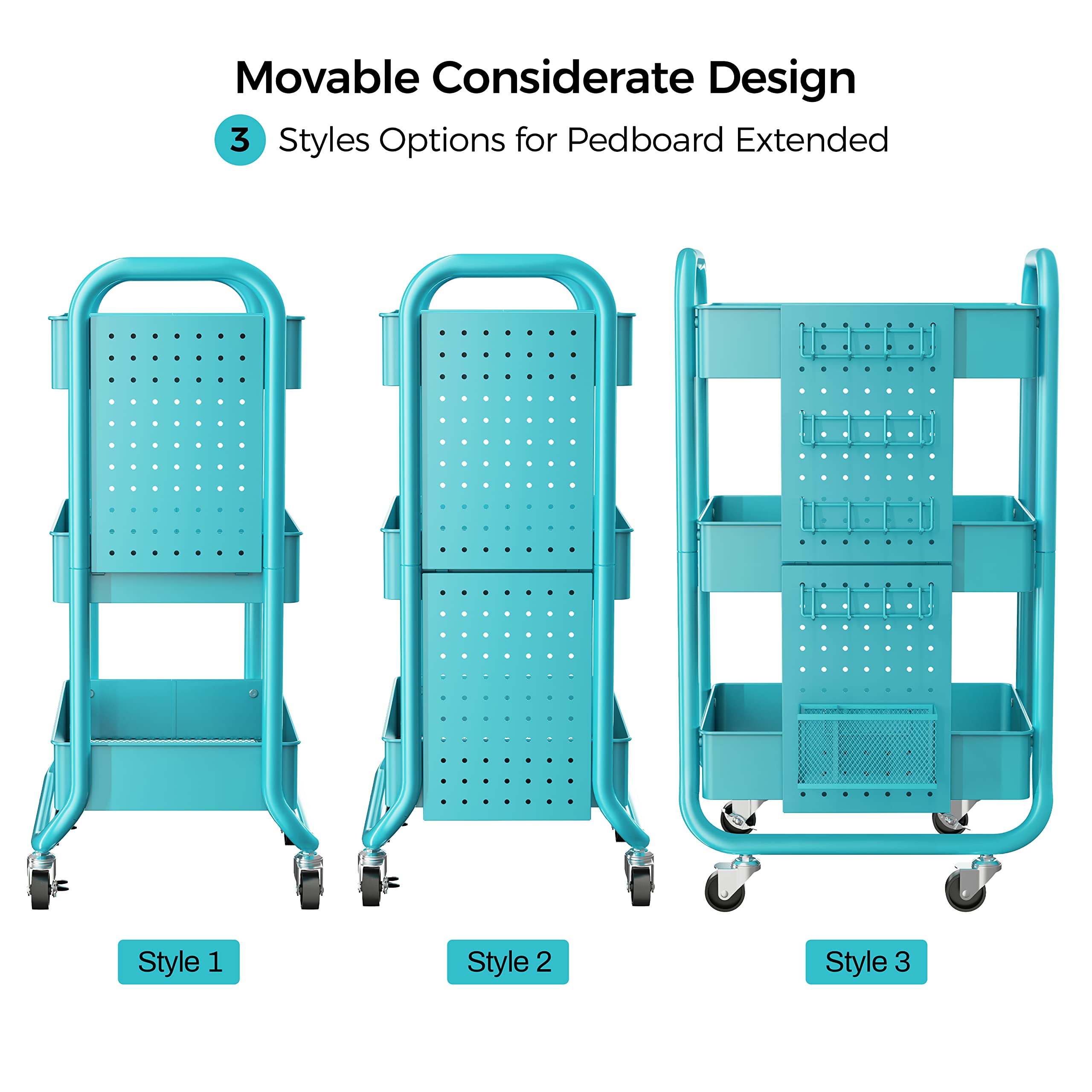 DESIGNA Heavy Duty 3-Tier Metal Rolling Cart,Utility Storage Cart With DIY Pegboard,Craft Art Carts Trolley Organizer with Handle and Extra Office Storage Accessories for Kitchen Office Home,Turquoise