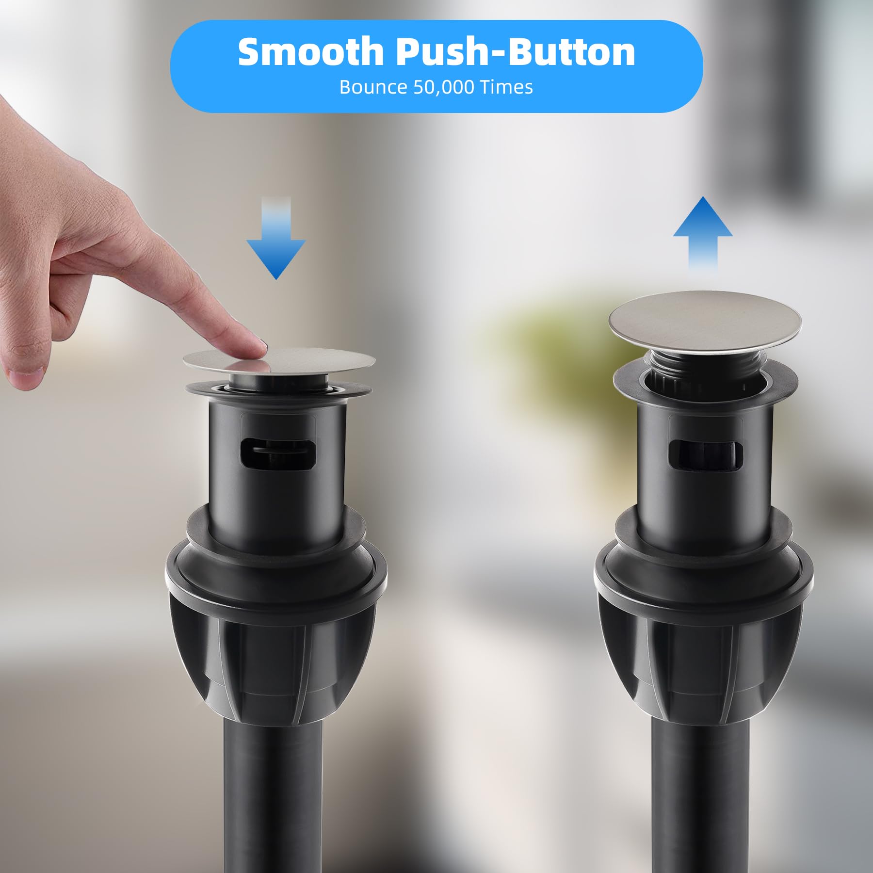 Hibbent 2 Pack Push and Seal Pop Up Drain Stopper with Overflow for Bathroom Sink Faucet Vessel Vanity, Brushed Nickel