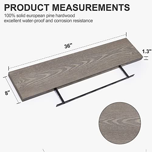 Axeman 36 Inch Floating Shelves, 8 Inch Deep Wall Shelves Set of 2, Rustic Floating Wall Shelves Wood Wall Mounted Shelves for Bathroom Kitchen Office Grey