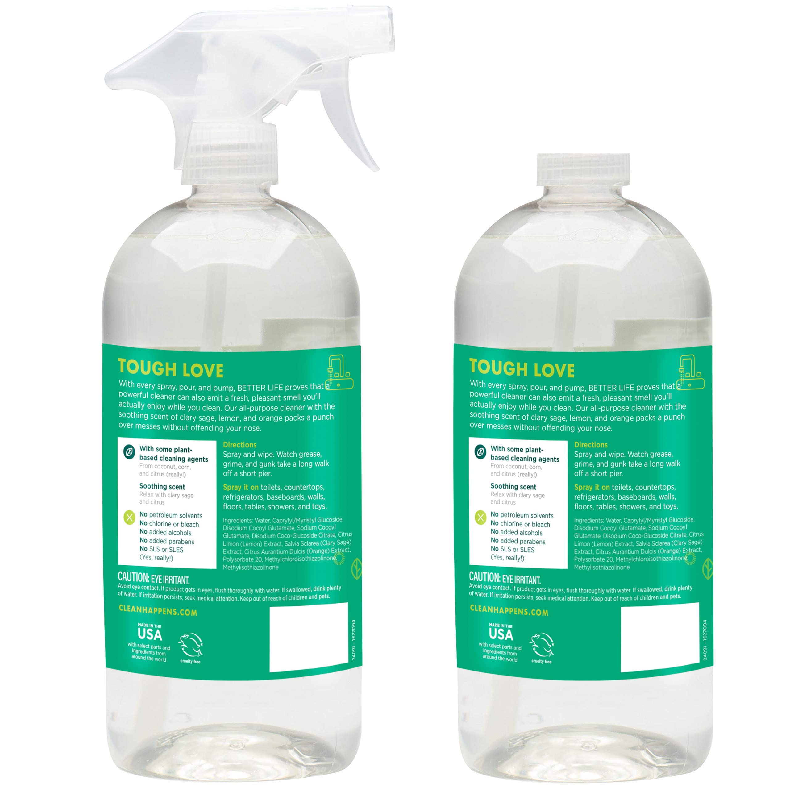 BETTER LIFE All Purpose Cleaner, Multipurpose Home and Kitchen Cleaning Spray for Glass, Countertops, Appliances, Upholstery & More, Multi-surface Spray Cleaner - 32oz (Pack of 2) Clary Sage & Citrus