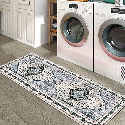 Beeiva Persian Washable Hallway Runner Rug, 2x6 Blue Vintage Floral Bathroom Kitchen Runner Rugs with Rubber Backing, Boho Runner Rug for Hallways Bedroom Entryway Laundry Room