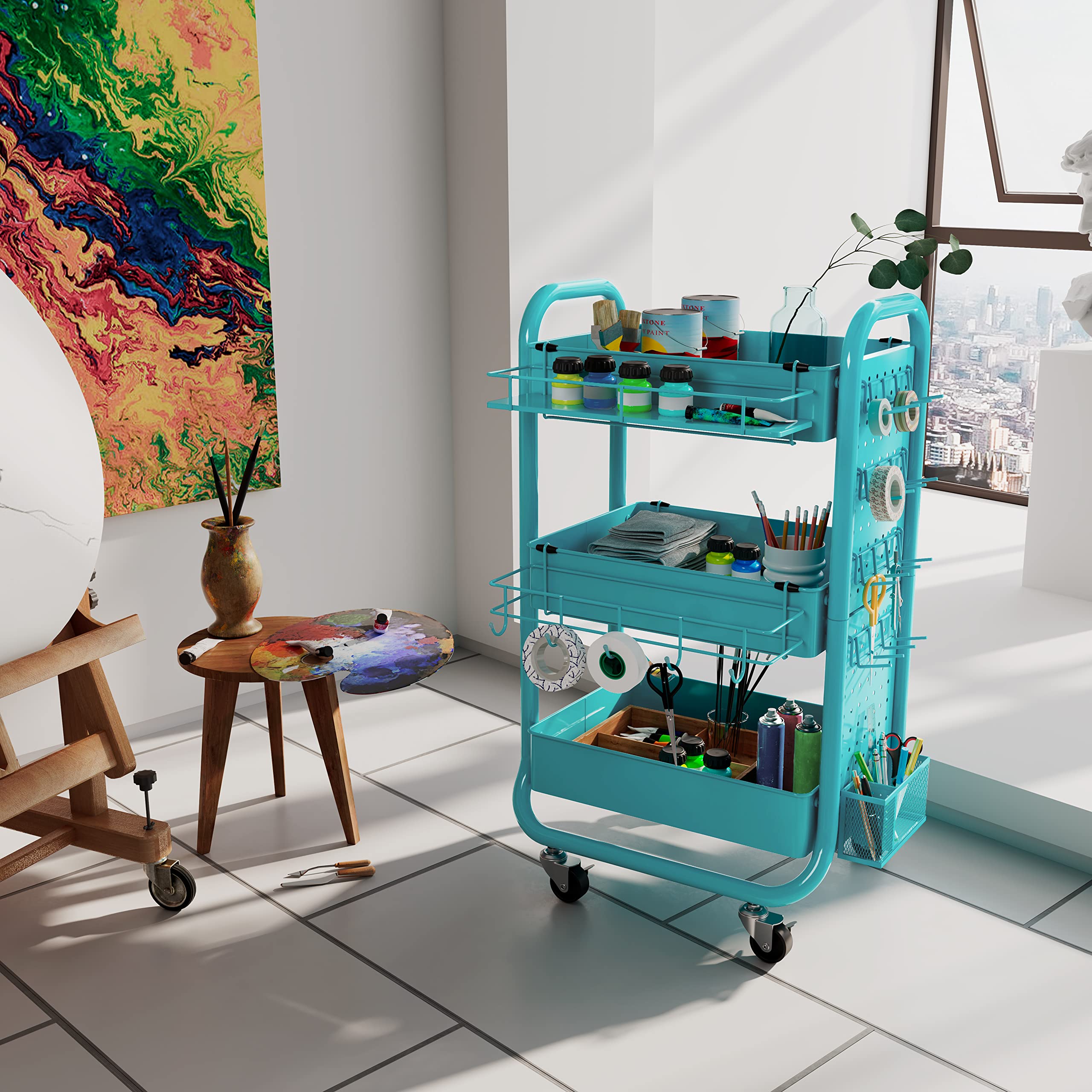 DESIGNA Heavy Duty 3-Tier Metal Rolling Cart,Utility Storage Cart With DIY Pegboard,Craft Art Carts Trolley Organizer with Handle and Extra Office Storage Accessories for Kitchen Office Home,Turquoise