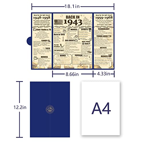 Tri-fold 80th Birthday Decorations Party Poster, Party Supplies Anniversary Decorations Birthday Gifts for Women & Men Turning 80 Years Old, 80th Anniversary Certificate Gift, Back in 1943(Blue Shell Surface)