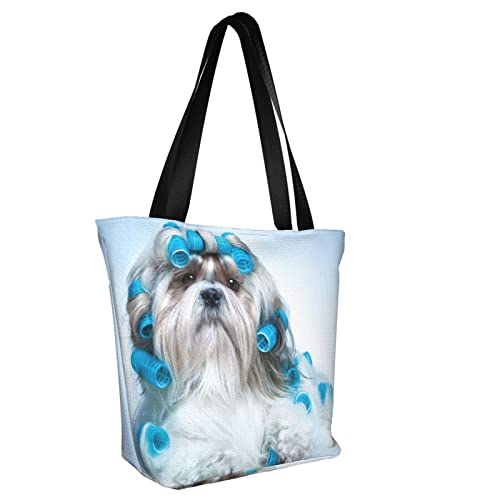 Shih Fur Tzu Dog Curlers Haired Women's Shoulder Handbag Gym Tote Bag Storage Handle Bag