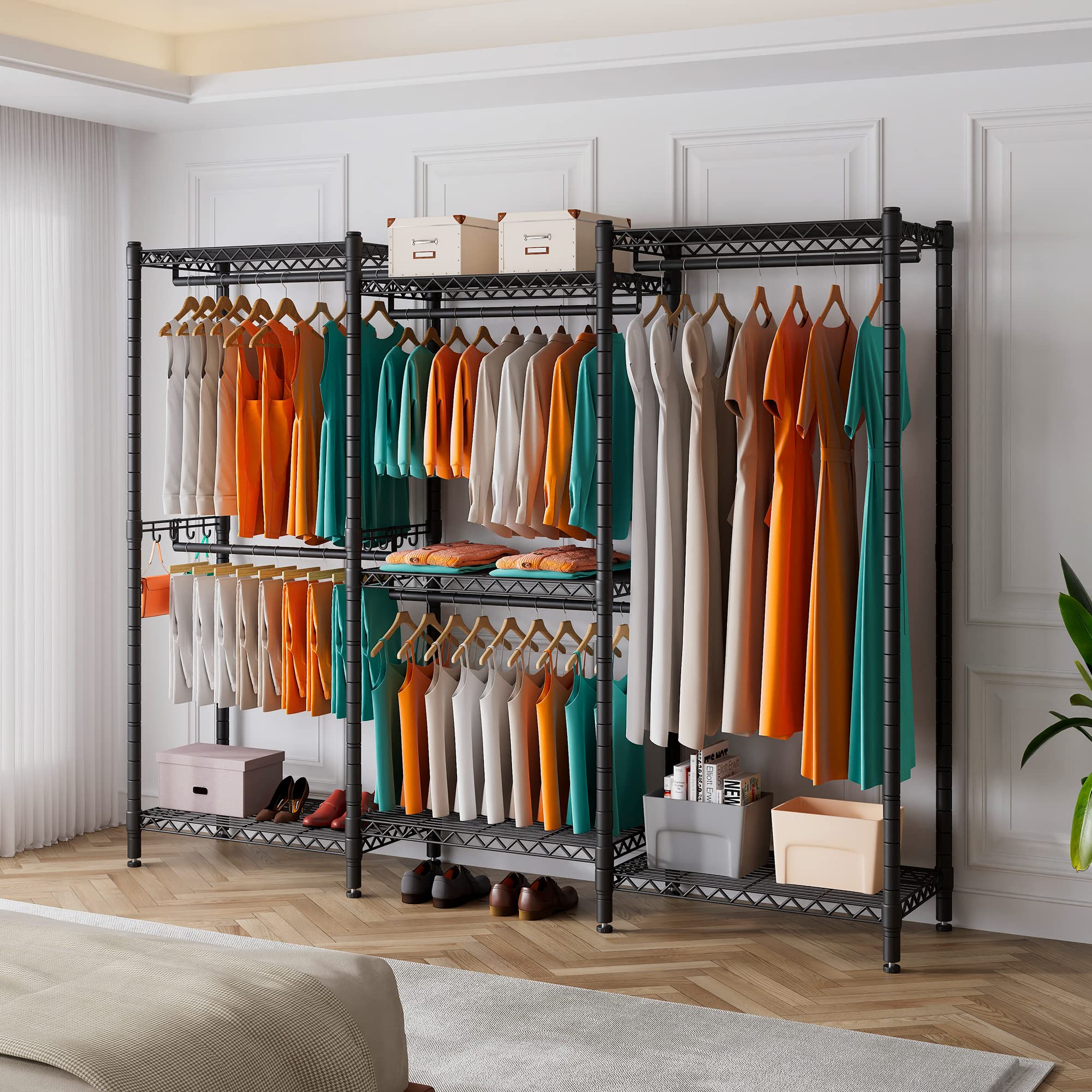 PUNION Heavy Duty Clothes Rack,Wire Garment Rack for Hanging Clothes,Multi-Functional Bedroom Clothing Rack with 5 Hanger Rod,7 Shelves,2 Side Hooks,Extra Wide 86"W X18”D X77”H, Max Load 1500LBS,Black