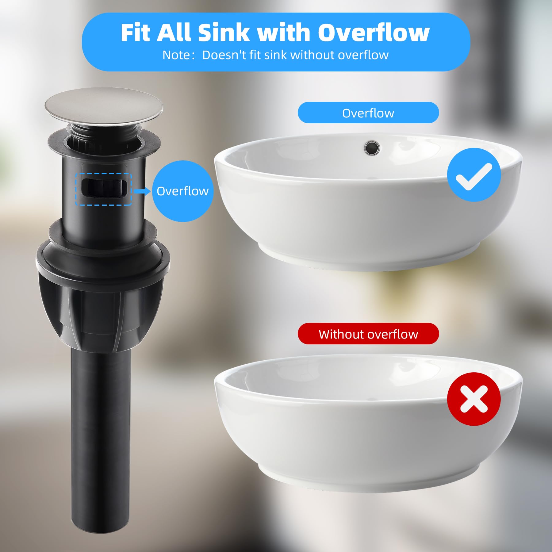 Hibbent 2 Pack Push and Seal Pop Up Drain Stopper with Overflow for Bathroom Sink Faucet Vessel Vanity, Brushed Nickel