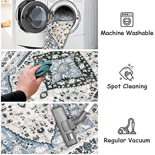 Beeiva Persian Washable Hallway Runner Rug, 2x6 Blue Vintage Floral Bathroom Kitchen Runner Rugs with Rubber Backing, Boho Runner Rug for Hallways Bedroom Entryway Laundry Room