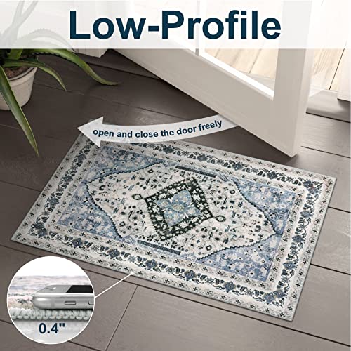 Beeiva Persian Washable Hallway Runner Rug, 2x6 Blue Vintage Floral Bathroom Kitchen Runner Rugs with Rubber Backing, Boho Runner Rug for Hallways Bedroom Entryway Laundry Room