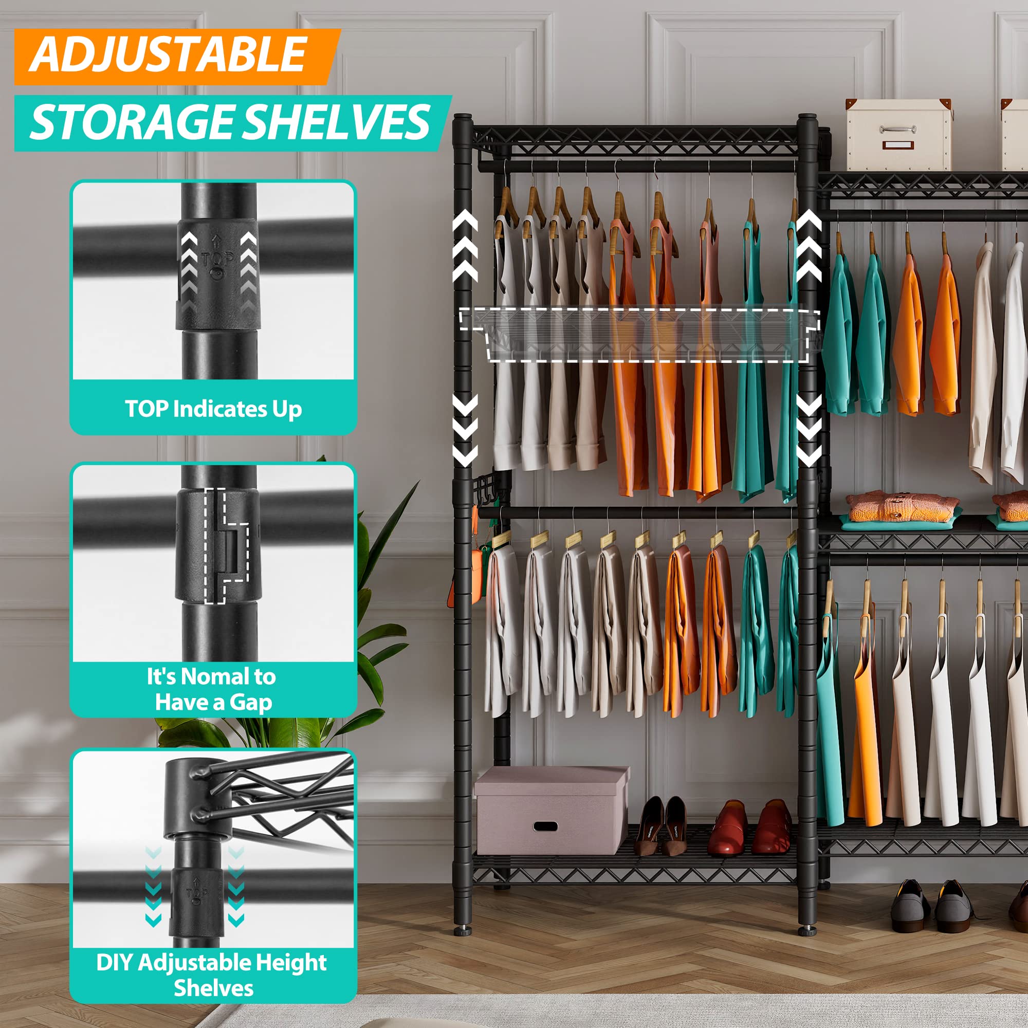 PUNION Heavy Duty Clothes Rack,Wire Garment Rack for Hanging Clothes,Multi-Functional Bedroom Clothing Rack with 5 Hanger Rod,7 Shelves,2 Side Hooks,Extra Wide 86"W X18”D X77”H, Max Load 1500LBS,Black