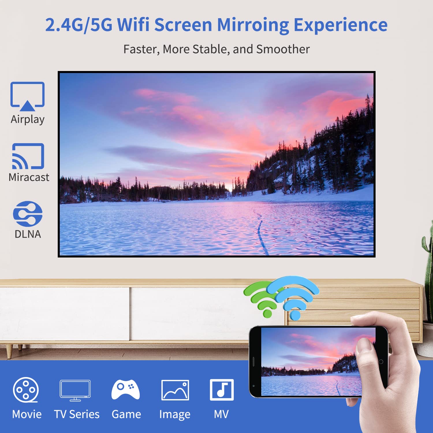 High Brigntness 5G WiFi Projector 4K Support, Outdoor Bluetooth Projector 4D/4P Keystone, 10000L Video Projectors Native 1080p for PPT Movie 250'' Display, Compatible W/TV Stick,PS5,HDMI,Smartphone