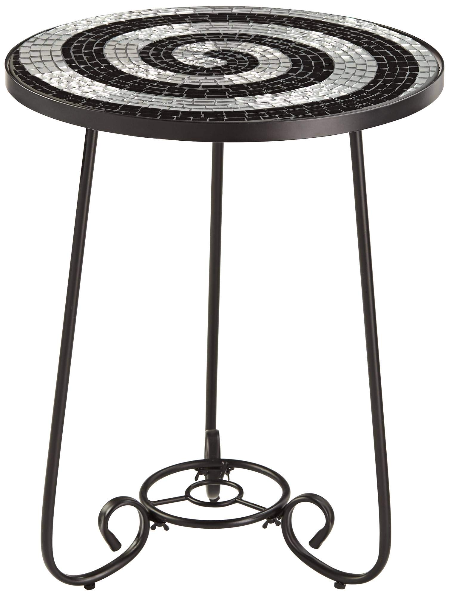 Teal Island Designs Spiral Modern Black Metal Round Outdoor Accent Side Table 17 3/4" Wide Black White Mosaic Tile Tabletop Gracefully Curved Legs for Spaces Porch Patio Home House Balcony Deck
